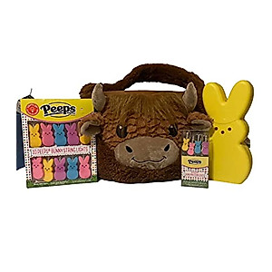 PEEPS STRING LED LIGHTS AND CANDLE PEEP LED LIGHT AND A BROWN LONGHORN COW JUMBO EASTER BASKET AS SEEN ON TIK TOK