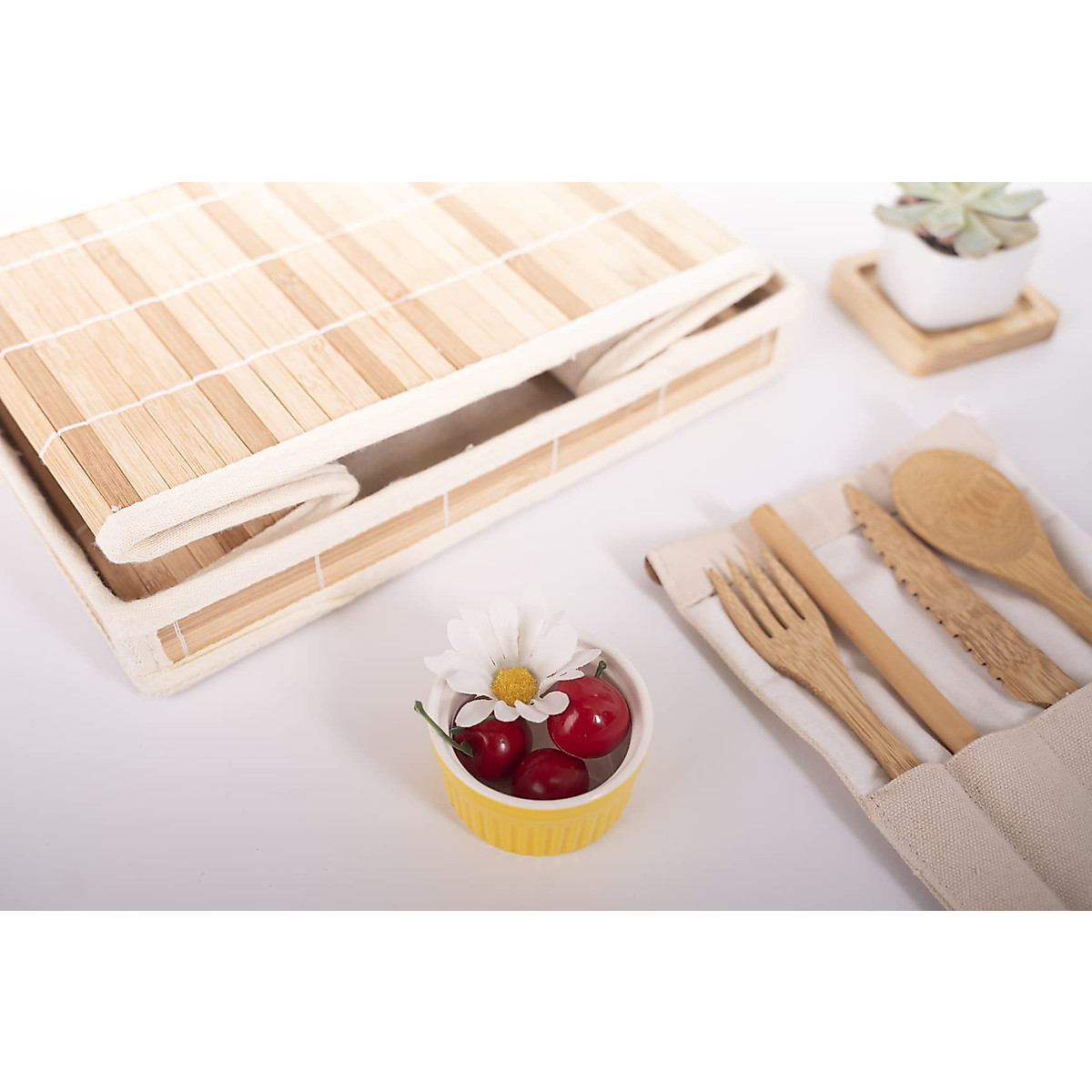 BEMIAO Foldable Bamboo Storage Organizer with Lid, Premium Fabric Wicker Bin, Storage Bin, Natural Basket for Closet, Nursery, Bedroom, Living Room, Light Brown