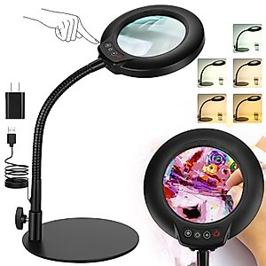Drdefi 8X Magnifying Glass with Light and Stand, 5 Color Modes Stepless Dimmable Flexible Gooseneck Magnifying Desk Lamp, LED Lighted Magnifier Hands Free for Craft Reading Painting Close Work Hobby