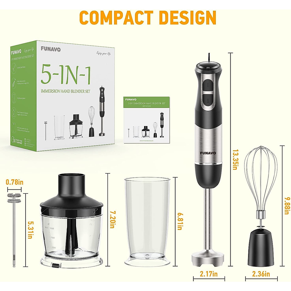 Hand Blender, 800W 5-in-1 Immersion Hand Blender,12-Speed Multi-function Stick Blender with 500ml Chopping Bowl, Whisk, 600ml Mixing Beaker, Milk Frother Attachments, BPA-Free (Black)