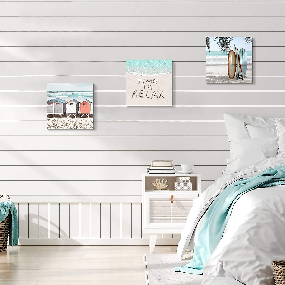 TAR TAR STUDIO Beach Coastal Canvas Wall Art: Seashore Artwork Surfboard Picture Seascape Painting for Living Room (12" x 12" x 3 PCS, Multiple Sizes)