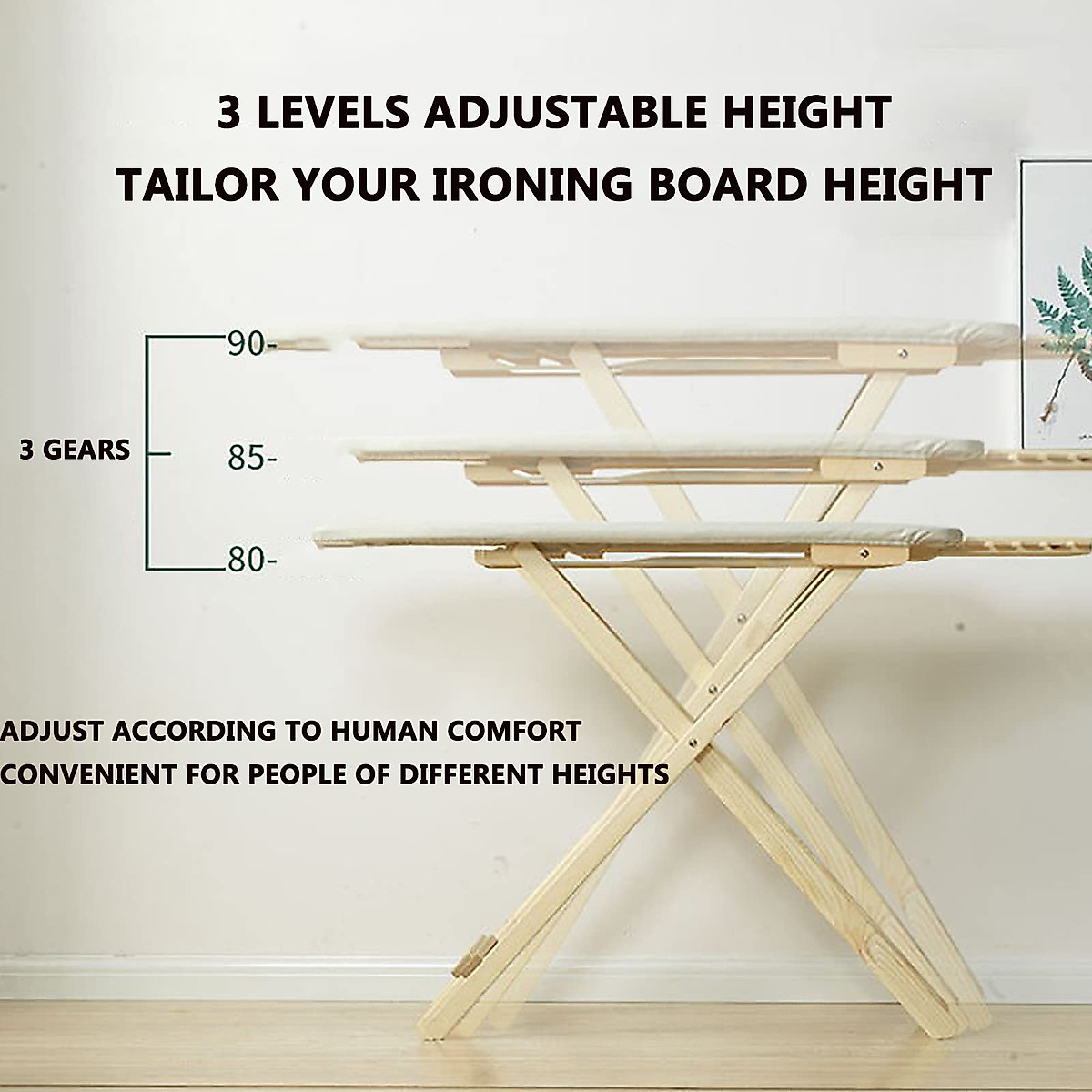 Ironing Board, Folding Detachable Solid Wooden Ironing Board with Temporary Placement of Wooden Hangers, 3 Levels Adjustable Height, for at Home Apartment Laundry Room Small Spaces