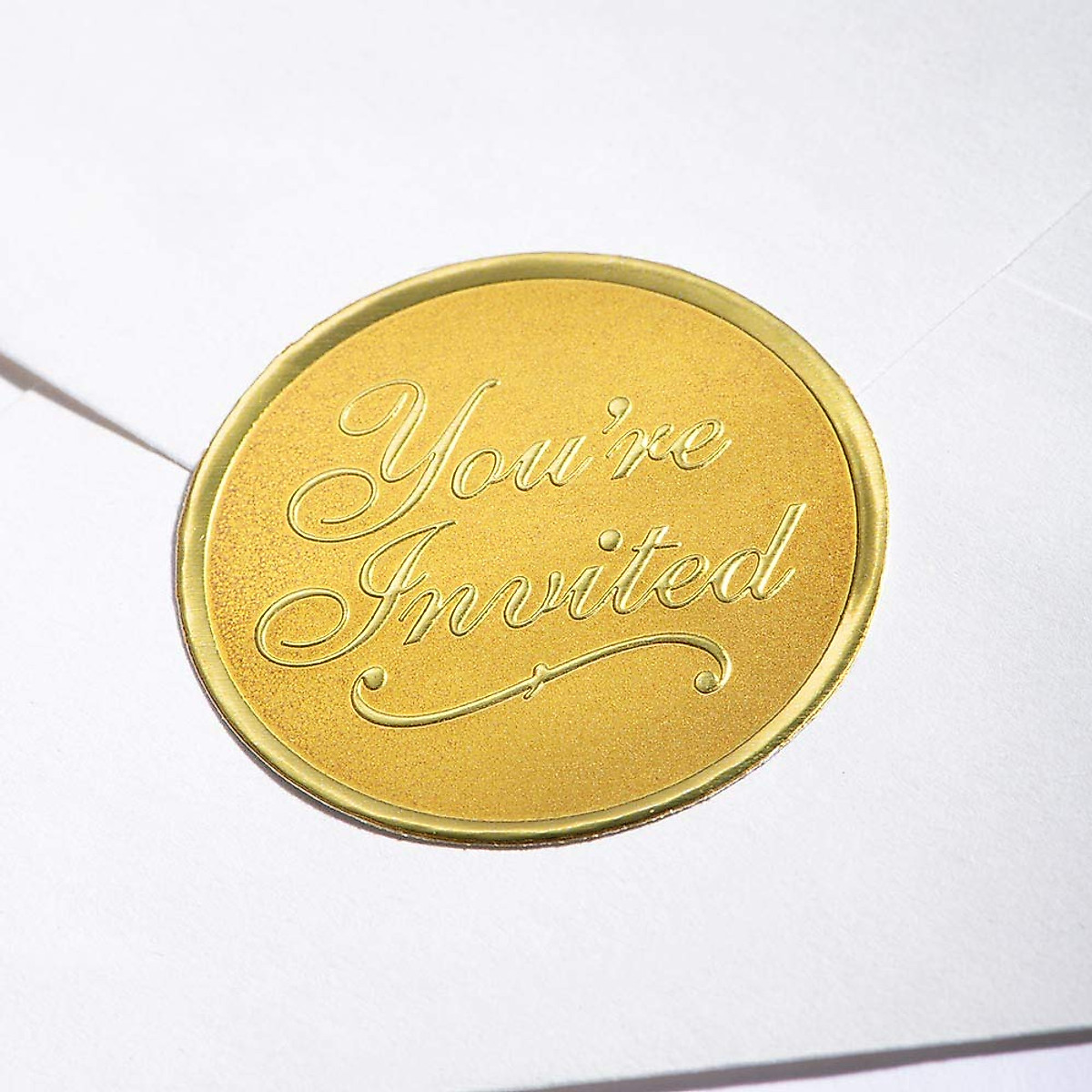 PaperDirect Gold You're Invited Round Embossed Foil Seals, 48 Count