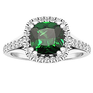 Dazzlingrock Collection 14K 7 MM Cushion Created Emerald & Round Diamond Women Ring, White Gold, Size 7