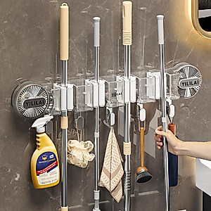 VIHOGFINT Mop & Broom Holder Wall Mount - Suction Cup Design for Easy Storage and Organization | 4 Slots & 5 Hooks | Perfect for Kitchen, Garden, Closet, Laundry Room