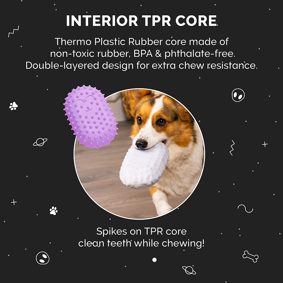 Furhaven Squeaky Dog Toy for Small/Medium Dogs w/ Spiky TPR Core for Dental Chewing - Hubble the Martian TPR Plush - Orange/Purple, One Size