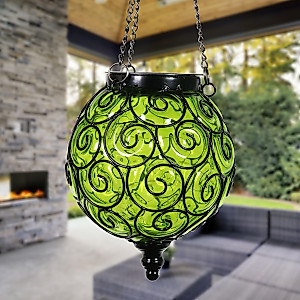 Exhart Outdoor Garden Solar Lights, Round Glass and Metal Hanging Lantern, 15 Firefly LED Lights, 7 x 20 Inch, Green