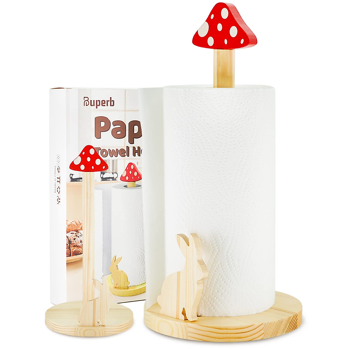Wood Paper Towel Holder, Farmhouse Rustic Paper Towel Holder Countertop Standing Paper Towel Organizer Roll Dispenser, Wooden Paper Towel Roll Holders for Kitchen Home Decor (Rabbit and Mushroom)