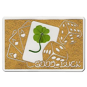 KIN-HEBI Real Four Leaf Clover, Preserved, Laminated Card, Gold Version, Cutting Picture “Good Luck & Cards Dices”, 3.54” x 2.36”