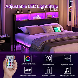 HOOBRO Headboard Queen Size, Headboard with Charging Station and LED Light, Queen Headboard with Storage, Industrial Style Headboard, Height Adjustable, Rustic Brown and Black