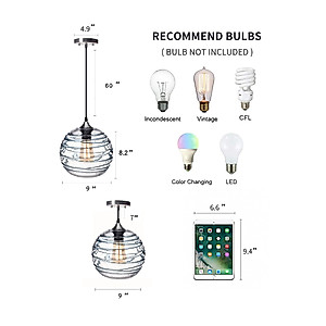 ARIAMOTION Pendant Lights Dining Room Coastal Lighting Fixtures Blue Stripe Seeded Glass Modern Style Ceiling Hanging Kitchen Island Beach House Sunroom Hallway Globe Lamp 9 Inch 2 Pack