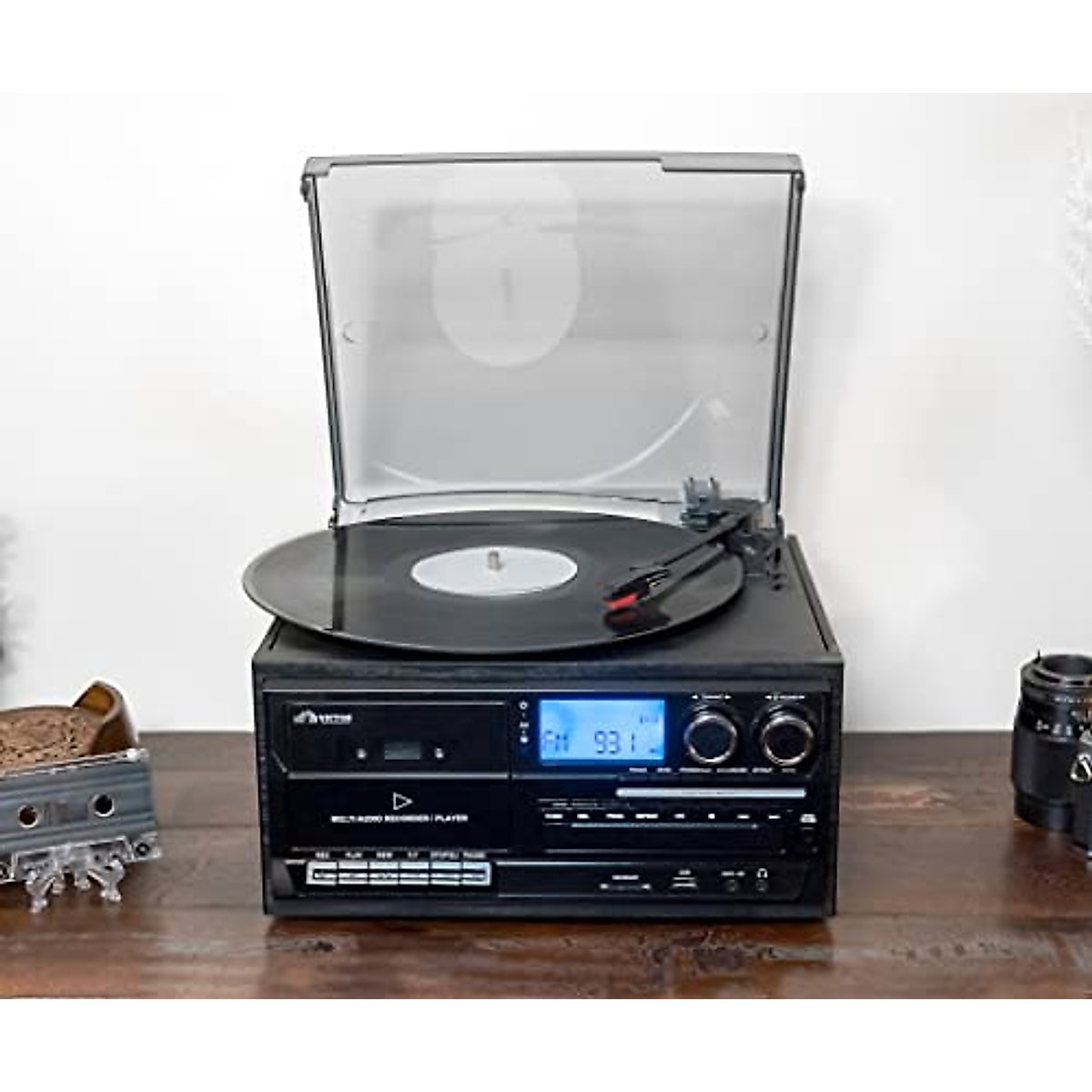VICTOR Cosmopolitan 8-in-1 Turntable Music Center with 3-Speed Record Player, CD/MP3/Cassette Player, AM/FM Radio, Dual Bluetooth in & Out, USB Playback & Record, & Built-in Stereo Speakers, Black