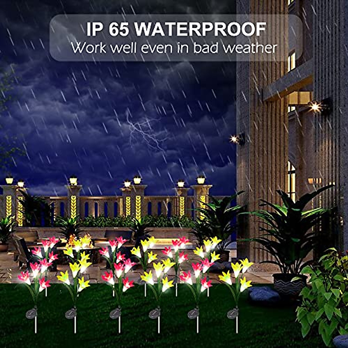 BASIWEI Outdoor Solar Garden Stake Lights, 2 Pack Solar Garden Lights with 8 Lily Flower, Waterproof Solar Powered Fairy Lights for Outdoor, Garden, Patio, Backyard(Yellow and Red)