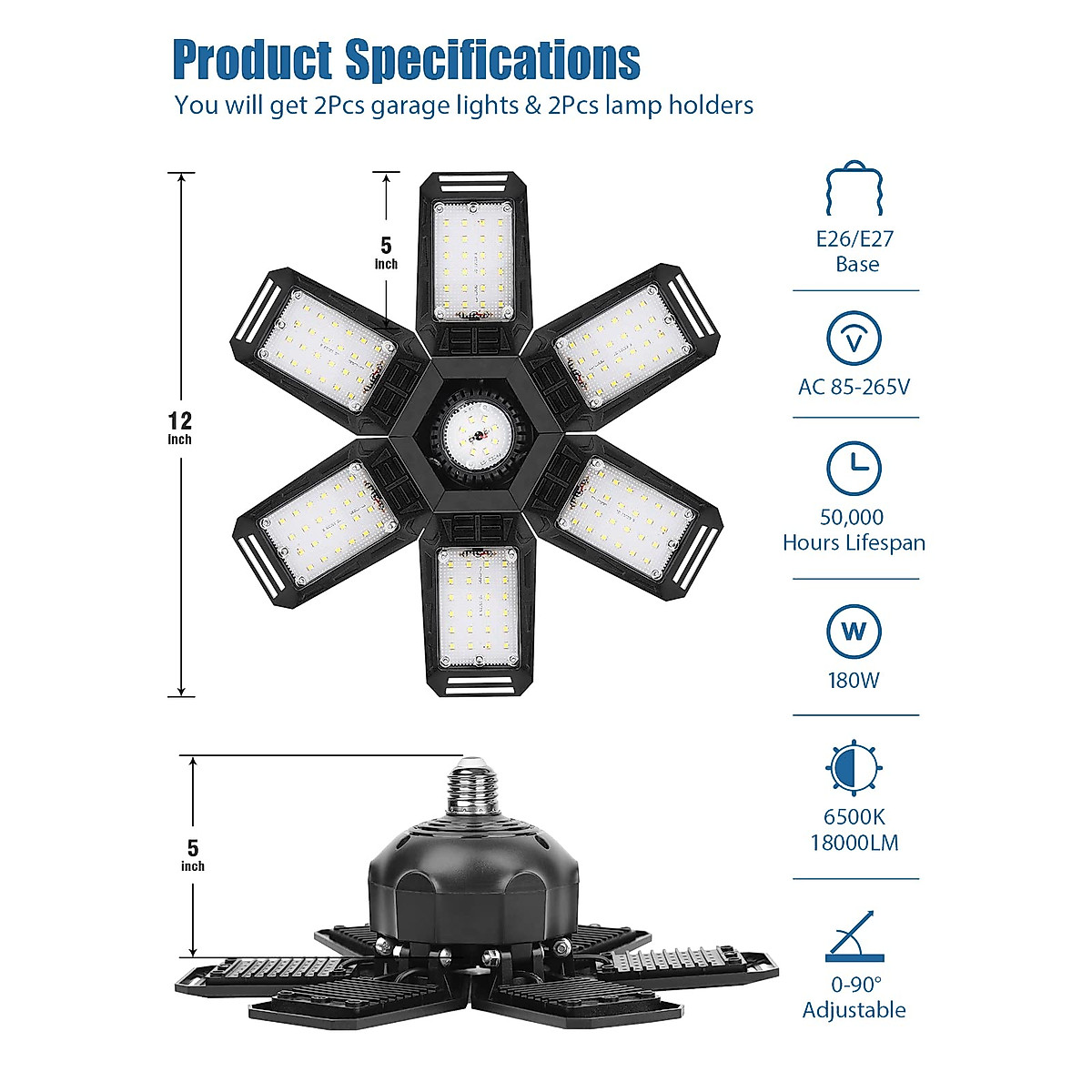 Led Garage Lights 2 Packs, 180W 18000Lm Deformable Triple Glow Garage Lighting with 6 Adjustable Led Panels, E26 Ceiling Light, Led Shop Lights for Garage, Warehouse, Basement Workshop, Yard