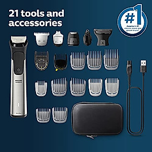 Philips Norelco Multigroom Series 9000 - 21 piece Men's Grooming Kit for beard, body, face, nose, ear hair trimmer w/ premium storage case, MG9510/60