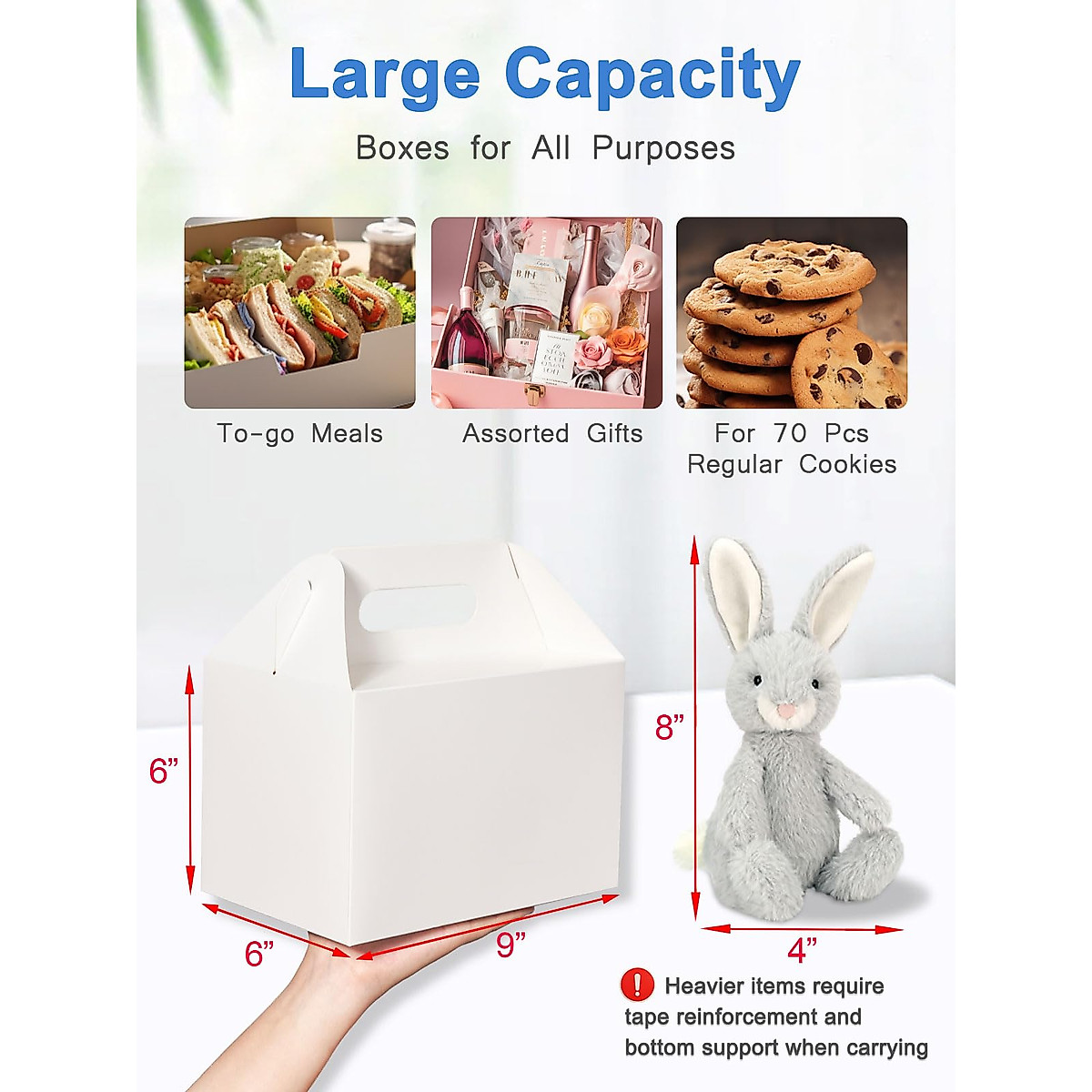 S9BAI15 Shallive 15 Pack Large Treat Boxes White - 9 x 6 x 6 inches Gable Gift Boxes with Handle Cardboard Lunch Boxes Recycled Paper Take Out Boxes Welcome Boxes For Wedding Baby Shower Birthday