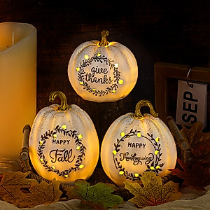 Fovths 3 Pack Happy Fall White Pumpkin Light Tabletop Decor Set Pumpkin Resin with LED Light Autumn Tabletopper Decorations for Fall Harvest Thanksgiving Party Home Table Decorations