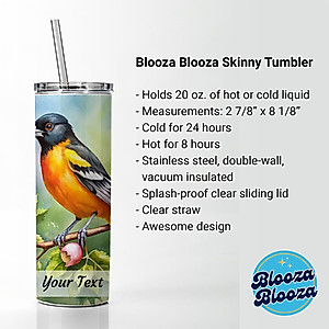 Personalized Custom Name Text Oriole In Tree Bird Watercolor Skinny Tumbler 20oz with Straw Insulated Water Bottle Gift - 1 Line Horizontal