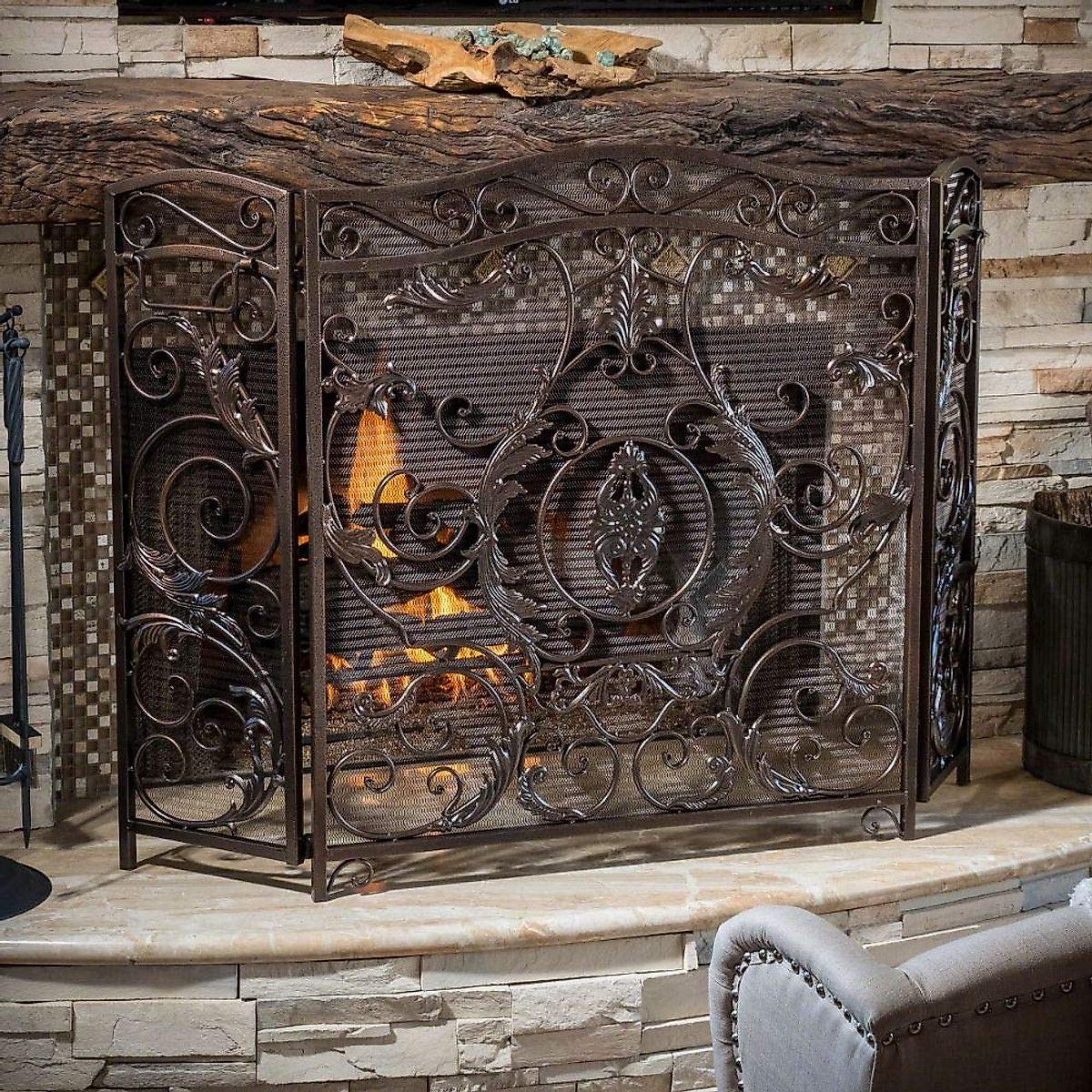 Christopher Knight Home Waterbury Fireplace Screen, Gold Flower On Black