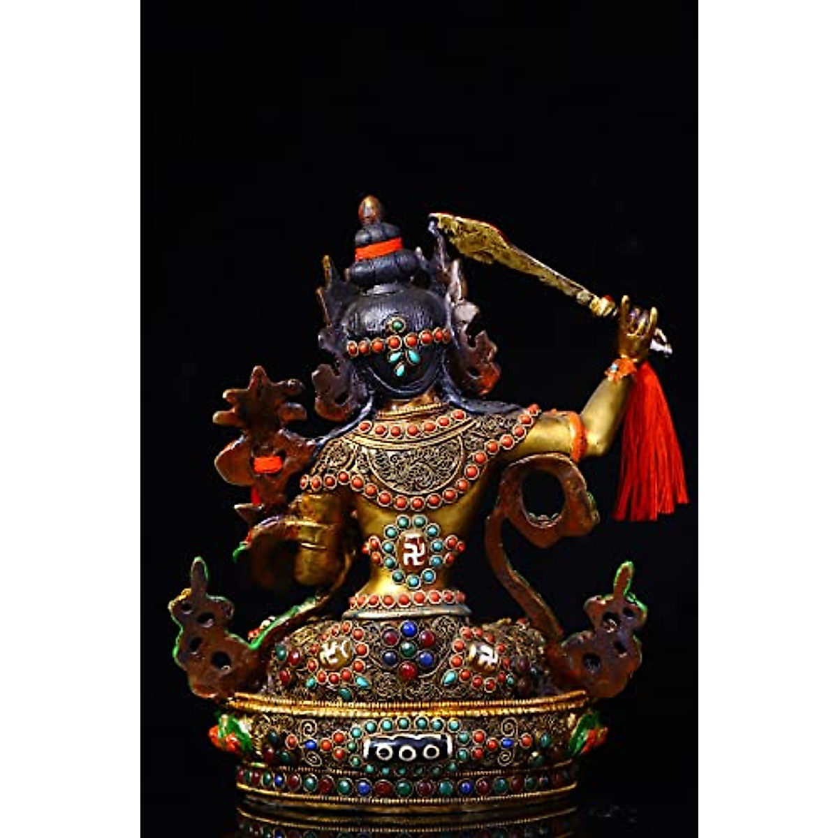 9" Tibetan Temple Collection Old Bronze Outline in Gold Painted Mosaic gem Dzi Beads Manjushri Worship Buddha Town House