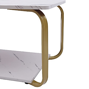 Rectangular Coffee Table for Living Room, 39.4" Faux White Marble Coffee Table with Storage Shelf, 2-Tier Modern Center Table with White Faux Marble Tabletop, Gold Metal Frame