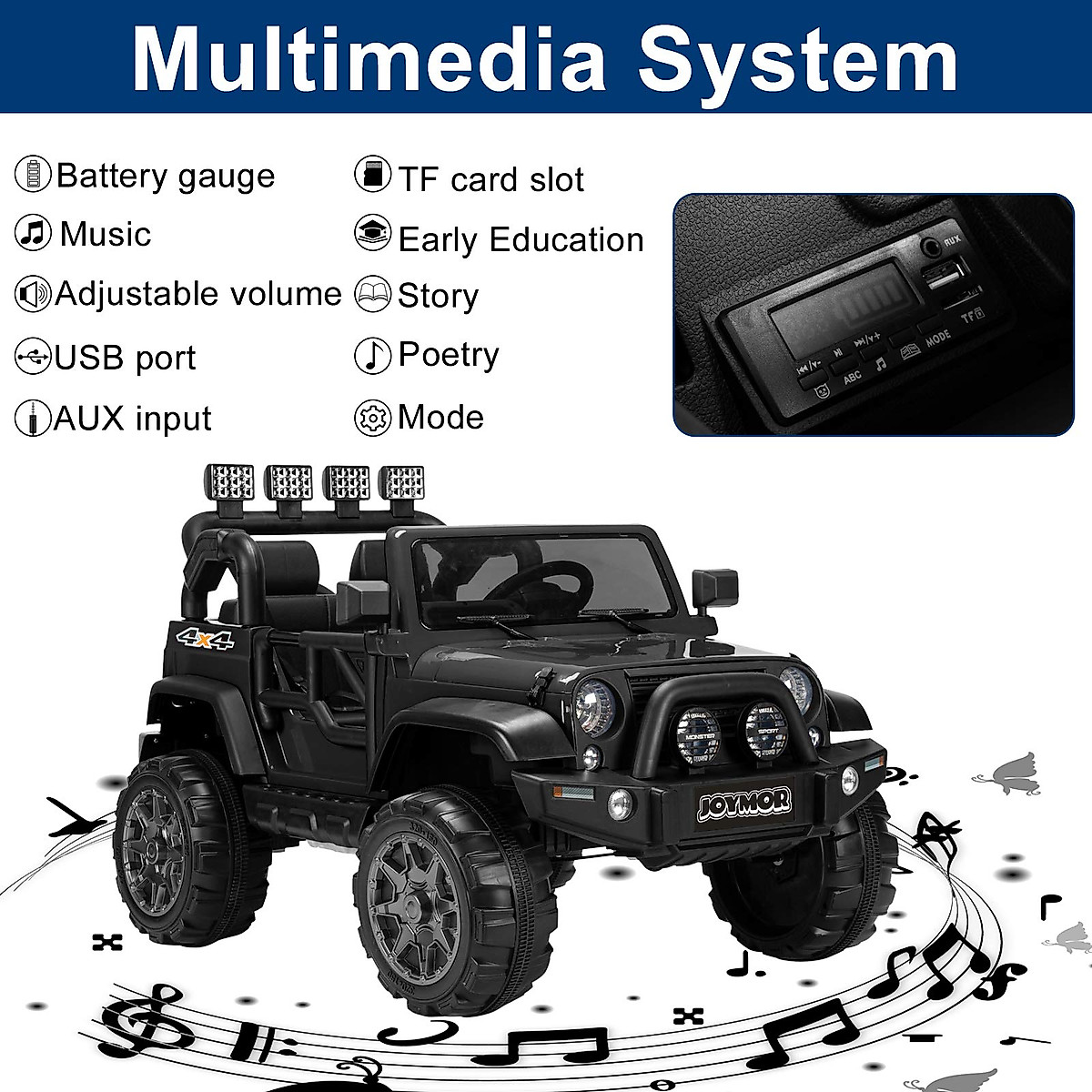 VALUE BOX Safety 12V Electric Two Seaters Ride On Car, Remote Control Kids Toddler Ride On Cars Motorized Vehicles Toy Car, Wheels Suspension, Seat Belts, LED Lights and Horn (Black)