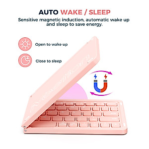 MEETION Foldable Keyboard and Mouse, Portable Bluetooth Keyboard and Mini Mouse with Stand Holder, for Travel, Business, Gifts, USB-C Rechargeable, Travel Keyboard Mouse for iPad Tablets Laptop, Pink