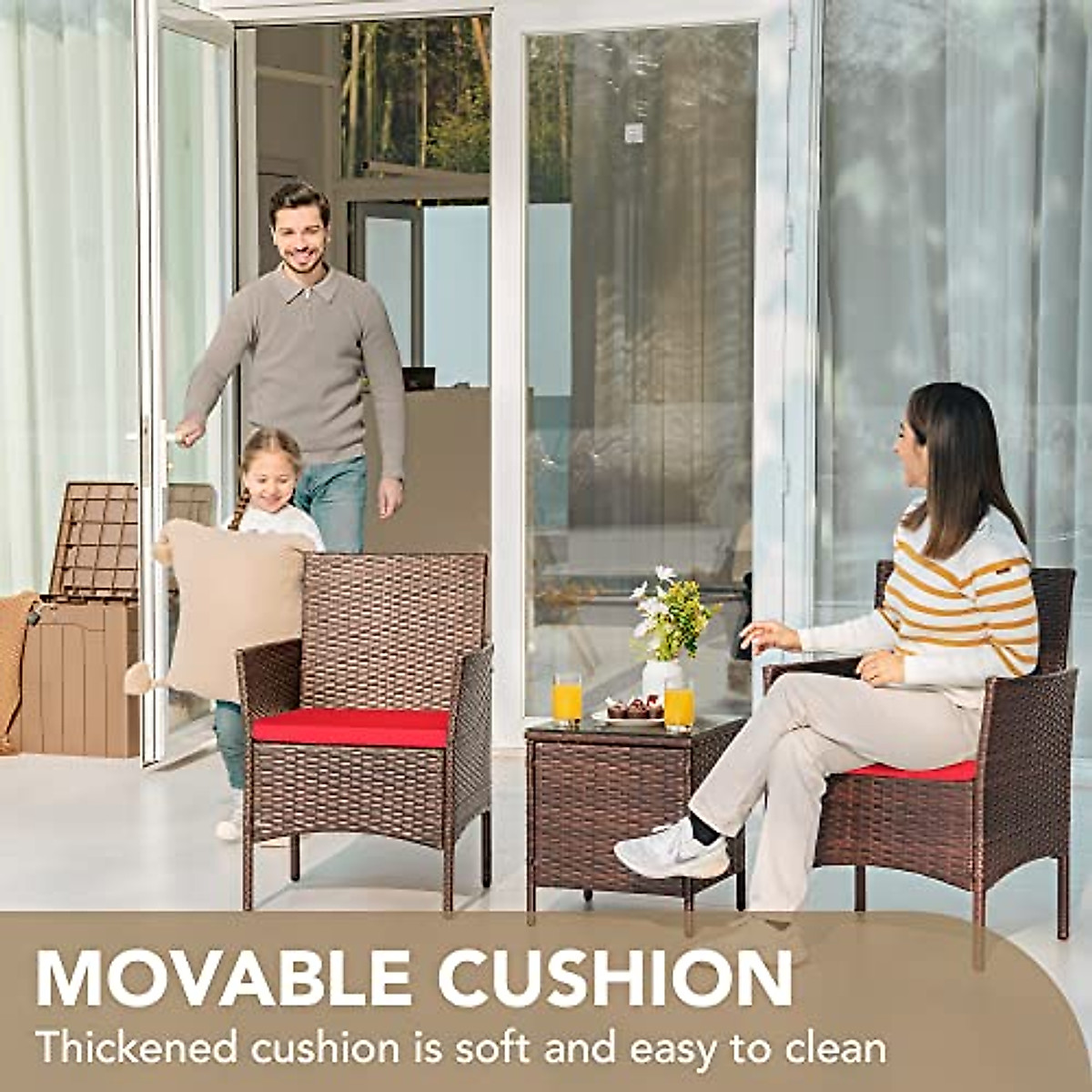 Devoko Patio Porch Furniture Sets 3 Pieces PE Rattan Wicker Chairs with Table Outdoor Garden Furniture Sets (Brown/Red)