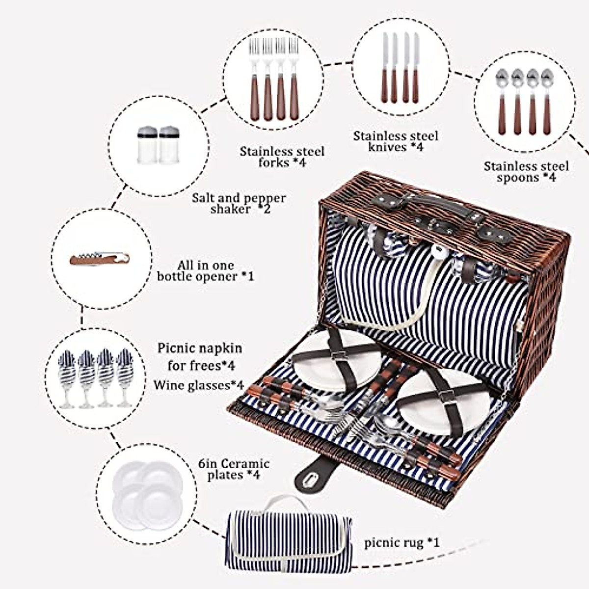 HYBDAMAI Willow Picnic Basket Set for 4 Persons with Waterproof Picnic Blanket, Wicker Picnic Basket for Camping, Outdoors, Valentine's Day, Christmas, Thanksgiving, Birthday