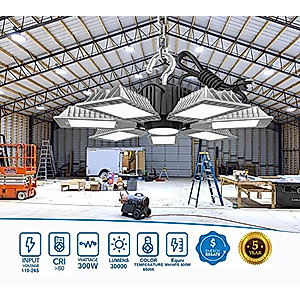 300W LED shop light, 6500K, 1000W Eq- Ultra-Bright high Bay for workshop, 30000lm Plug-in with Hanging Hook, Safety Rope - Ideal for Garage, Warehouse, Residential Barn, Factory, Workshop Lighting