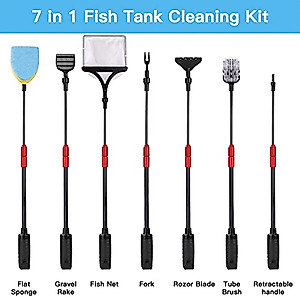 7 in 1 Fish Tank Cleaning Tools, Aquarium Cleaning Tools with Long Telescopic Handles, Algae Scraper, Scrubber Pads, Tube Cleaner, Fish net, Gravel Rake, Cleaning Cloth for Fish Starter Kits
