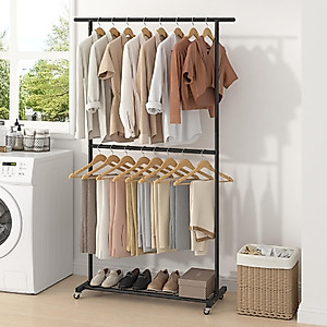 Sywhitta Double Rod Clothing Garment Rack, Rolling Coat Hanger with Bottom Mesh, Clothing Rack for Hanging Clothes, Coats, Skirts, Sweaters, Black