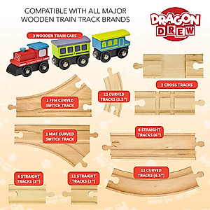 Dragon Drew Wooden Toy Train Tracks | 65 Piece | Tracks, Train, and Street Signs | Fits All Major Toy Brands