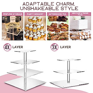 Flexzion 3 Tier Cupcake Stand Acrylic Cupcake Holder Tower Dessert Table Display Set Clear Square Stand, Food Display Stands for Party, Weddings, Birthdays, Reusable Mini Cake Tier Stand