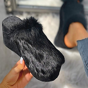 Padaleks Women's Wedge Platform Slide on Sandals Peep Toe Faux Fur Suede Winter Slippers Indoor & Outdoor Shoes