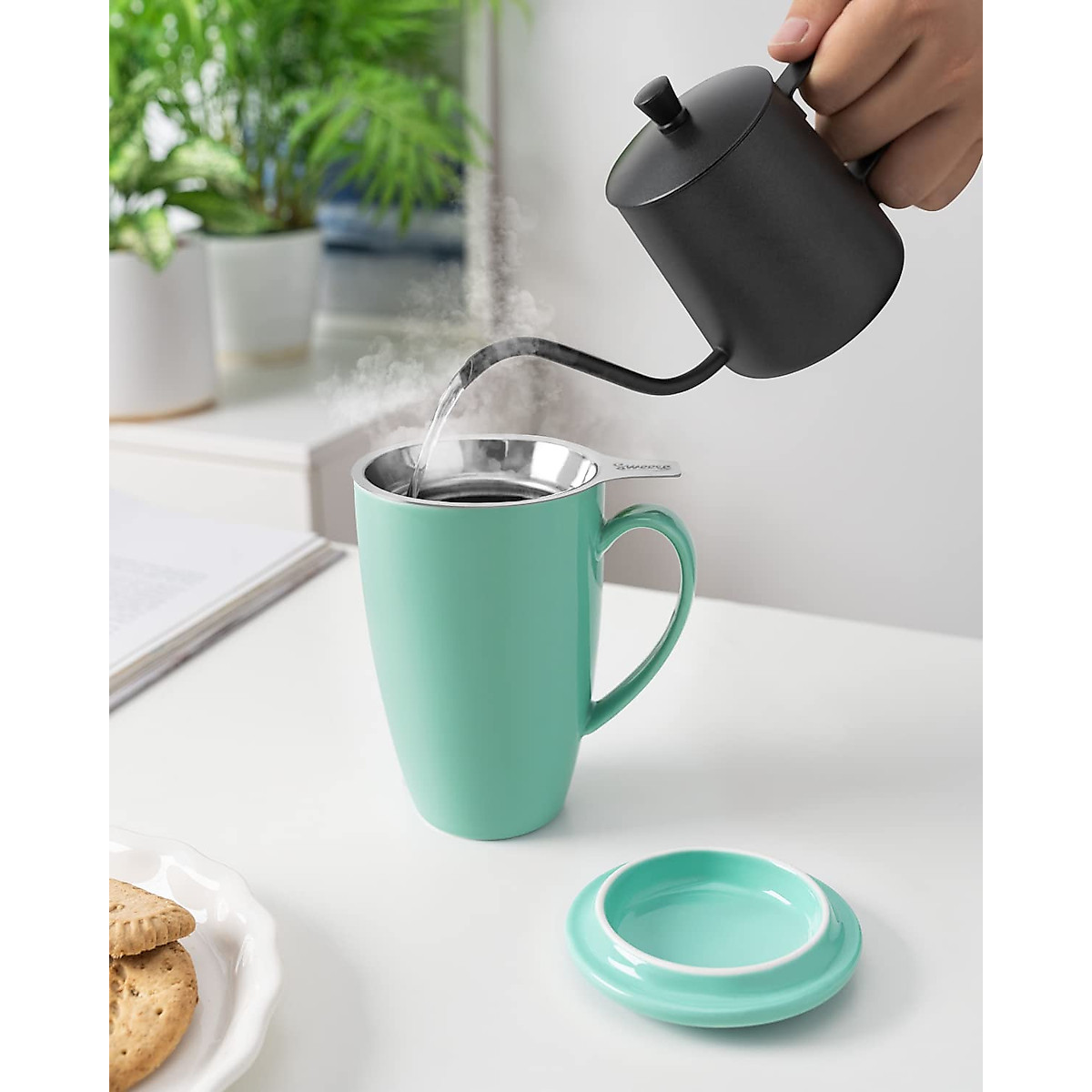 Sweese 14 OZ Porcelain Tea Mug with Infuser and Lid, Loose Leaf Tea Cup, Gifts for Tea Lover, Mint Green - 207.109