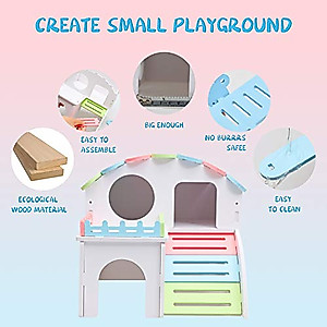 Syrian Hamster Toys Set, Improved Version 8.7 IN Large Hamster House, Wooden Gerbil Hideout, Small Animals Seesaw, Guinea Pig Sport Exercise Toys, Rainbow Bridge, Swing, Dwarf Hamster Cage Accessories