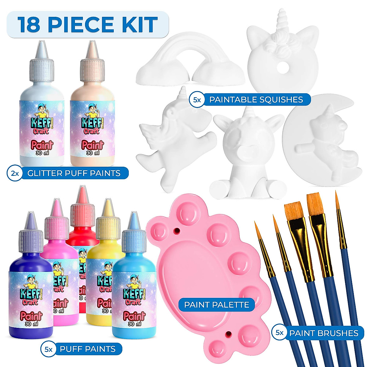 KEFF Paint Your Own Squishies - Unicorn Squishy Maker Painting Kit for Kids - DIY Arts & Crafts Gifts Toys for Girls and Boys with Glitter Puff Paints, Brushes and Palette