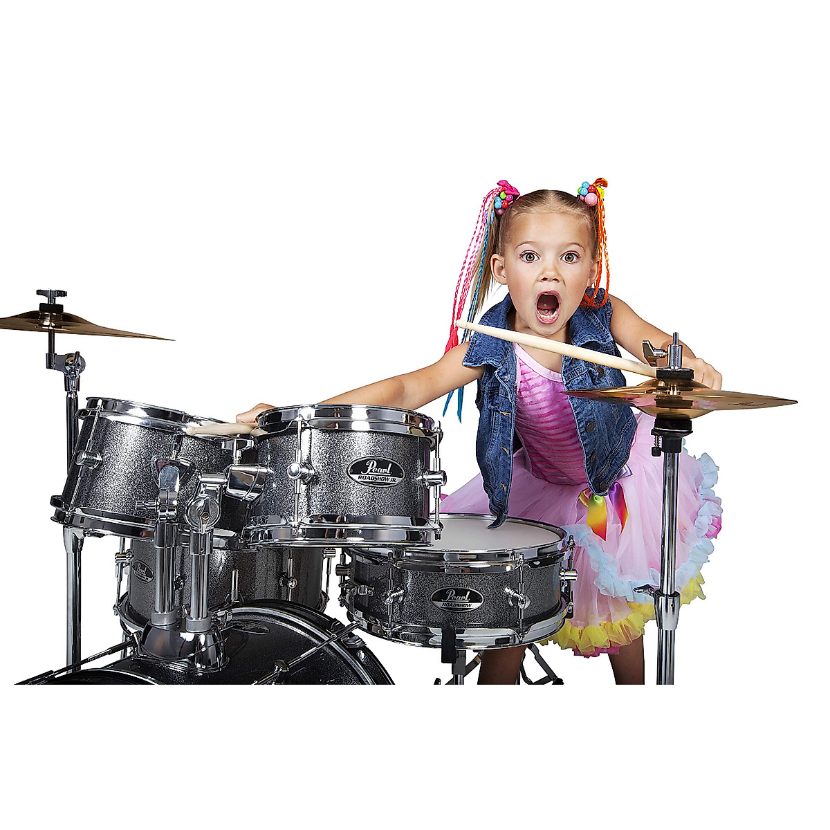 Pearl Roadshow Jr. 5 Piece Drum Set with Hardware and Cymbals, Gindstone Sparkle (RSJ465C/C708)