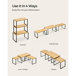 SONGMICS Cabinet Organizer Shelf, Set of 3 Kitchen Counter Shelves, Kitchen Storage, Spice Rack, Stackable, Expandable, Metal and Bamboo, Ink Black and Natural Beige UKCS014B01