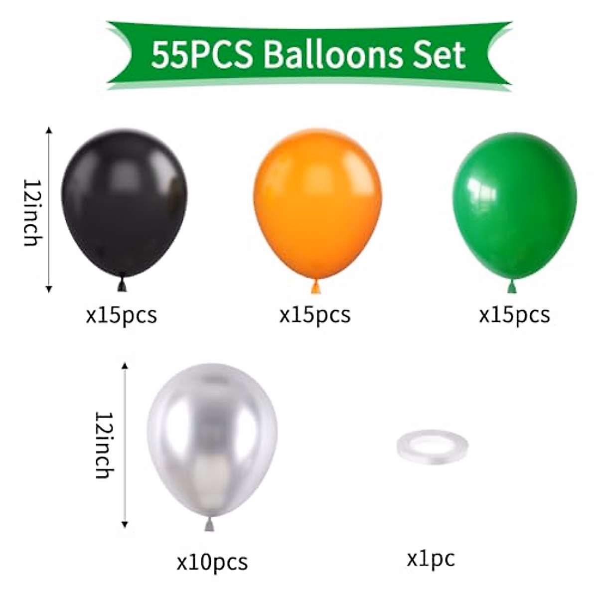 Paready Sport Balloons, 55Pcs Orange Green Party Balloons 12 Inch Black Orange Latex Balloons Metallic Silver Balloons Green Black Balloons for Kids Sport Theme Birthday Party Baby Shower Graduation