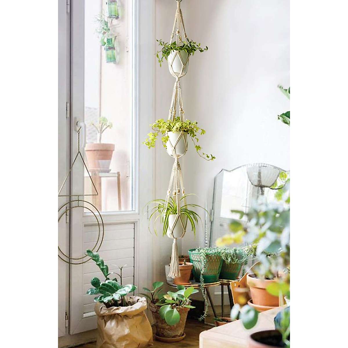Mkono Macrame Plant Hanger 3 Tier Indoor Outdoor Hanging Planter Basket Cotton Rope with Beads 70 Inches