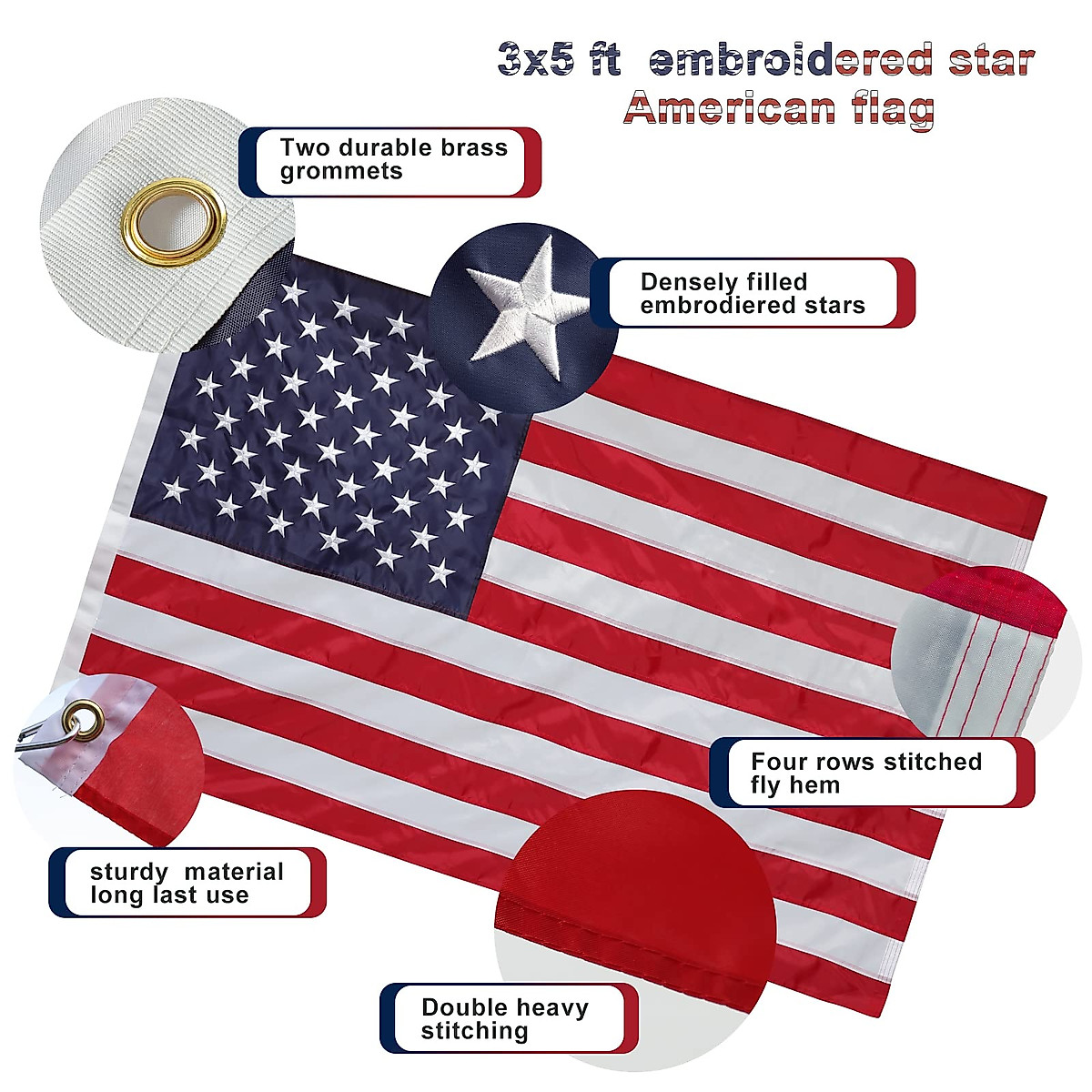 LAKEROD Flag Pole Kit with 3x5 American Flag Outdoor - 5ft Tangle Free Metal Flagpole with Holder Bracket & Embroidered US Flags - Heavy Duty for Outside House Porch Garage Boat Truck Jeep - White