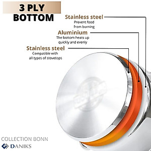 Daniks Bonn Stainless Steel Stock Pot with Glass Lid | Induction 2 Quart | Dishwasher Safe Pot | Measuring Scale | Soup Pasta Stew Pot | Silver