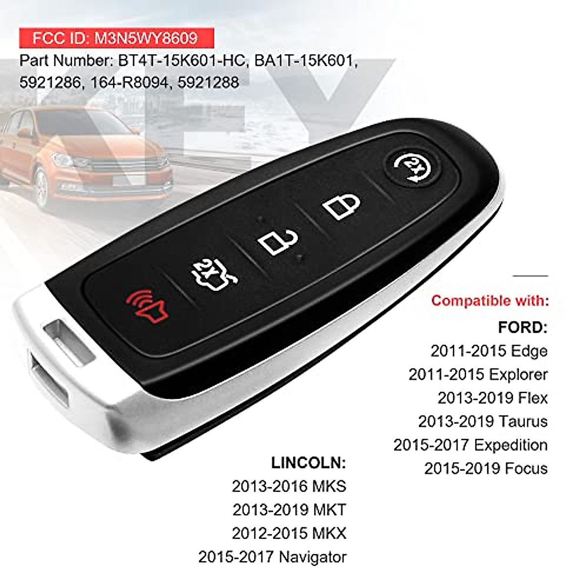 VOFONO Car Key Fob Keyless Entry Smart Remote fits for Ford Explorer Edge 2011-2015 Flex Taurus 2013-2019 Expedition Focus Lincoln MKS MKT MKX Navigator P/N: M3N5WY8609
