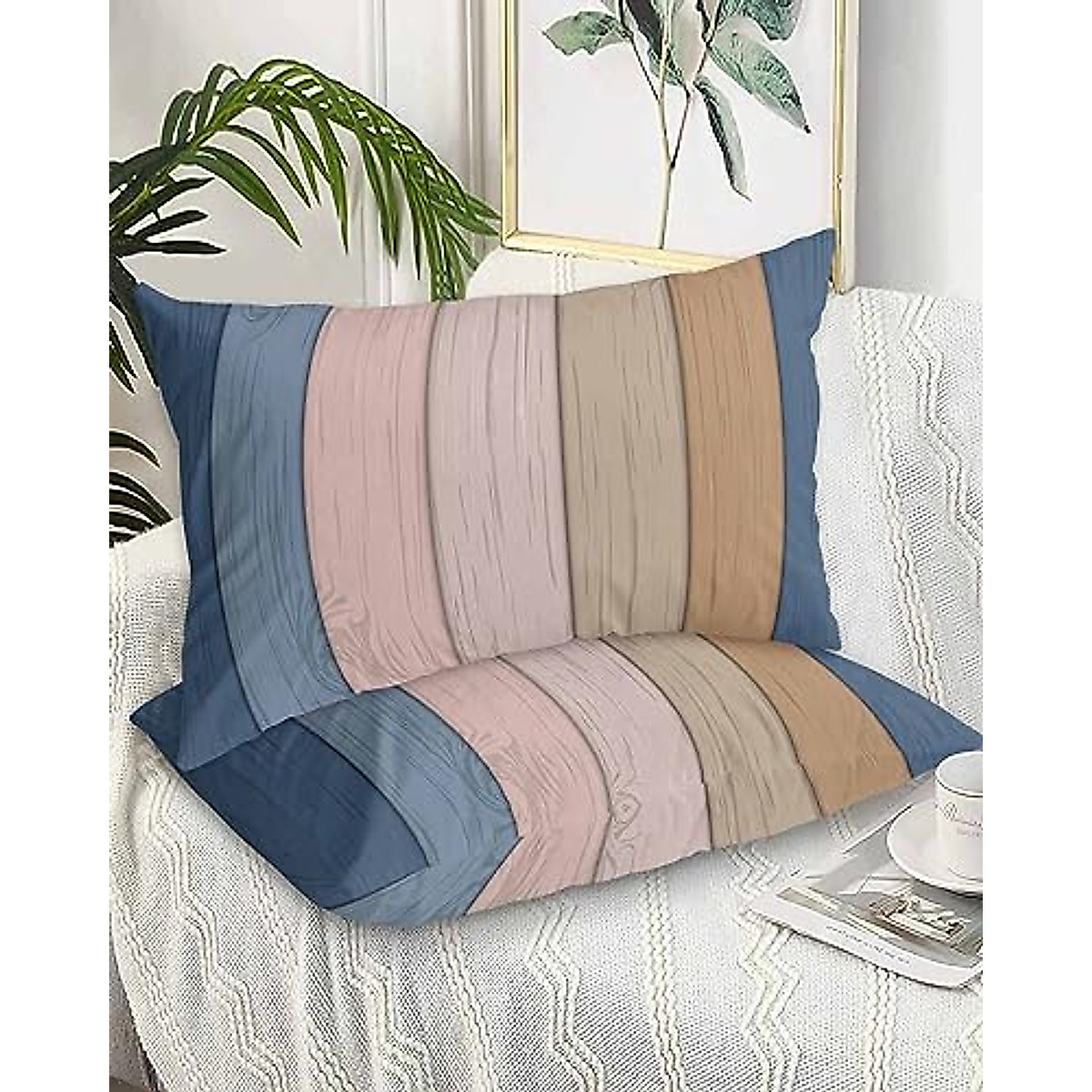 Edwiinsa Blue Pink Ombre Pillow Covers Standard Size Set of 2 20x26 Bed Pillow, Farmhouse Brown Wooden Striped Plush Soft Comfort for Hair/Skin Cooling Pillowcases with Envelop Closure