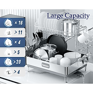 Kitsure 2-Tier Dish Rack, Large Capacity, Stainless Steel, Dish Drying Rack with Drainboard, Multifunctional Kitchen Dish Rack for Dishware