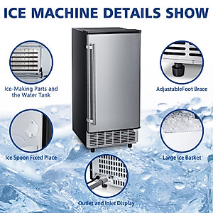 Commercial Ice Maker Machine,Under Counter Ice Machine with 80 Lbs/Day,Stainless Steel Under Counter Freestanding Commercial Clear Cube Ice Maker for Bar,Kitchen,Party