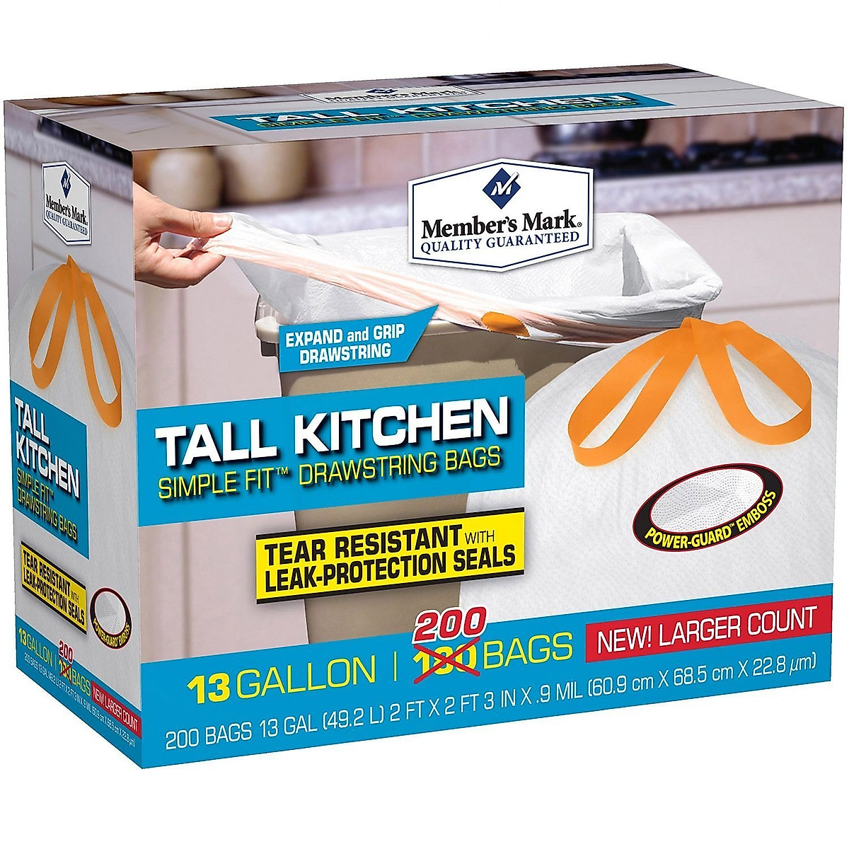 Member's Mark Tall Kitchen Simple Fit Drawstring Bags, 13 Gallon, 200 Count