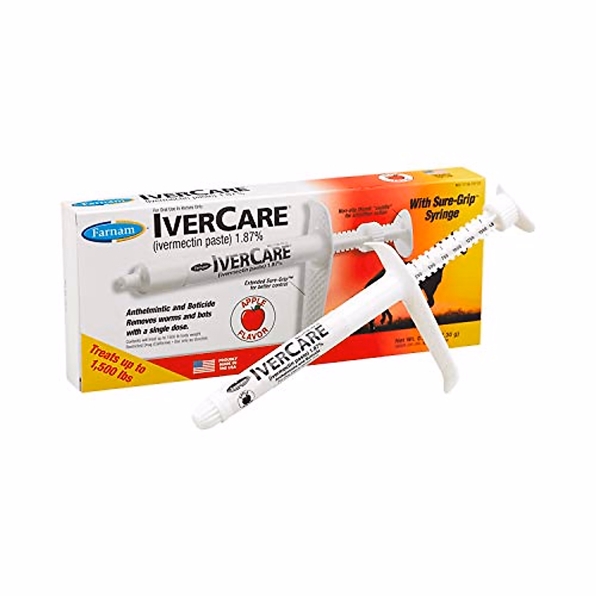 Farnam IverCare (ivermectin paste) 1.87%, Anthelmintic and Boticide, Treats Horses Up to 1500 lbs, Easy-To-Use Sure-Grip Syringe, Red Apple Flavor